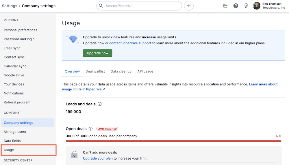 Usage limits in Pipedrive - Knowledge Base | Pipedrive